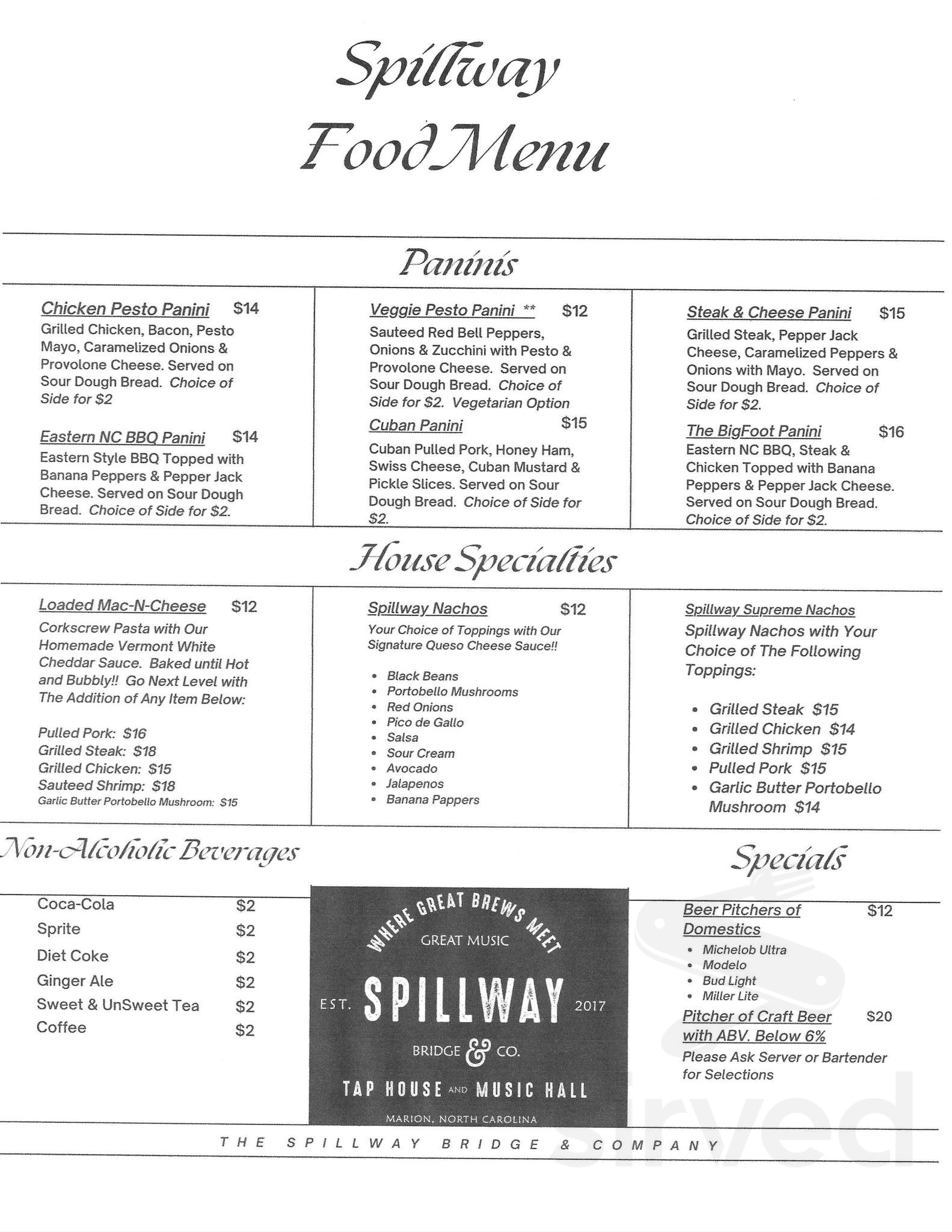 Spillway Bridge & Co. menu in Marion, North Carolina, USA