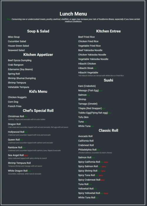 Sushi Kola menu in Fredericksburg, Virginia, USA