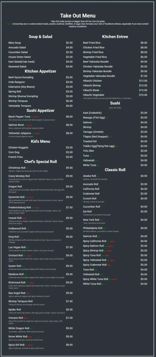 Sushi Kola menu in Fredericksburg, Virginia, USA
