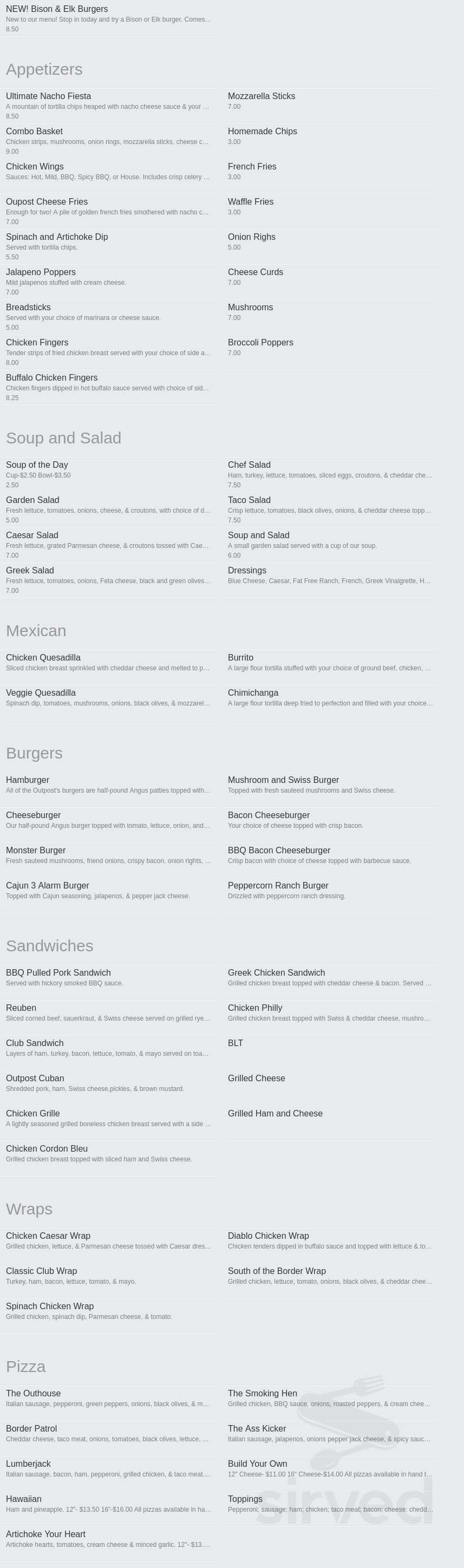 Menu for The Outpost in Sherwood, WI | Sirved