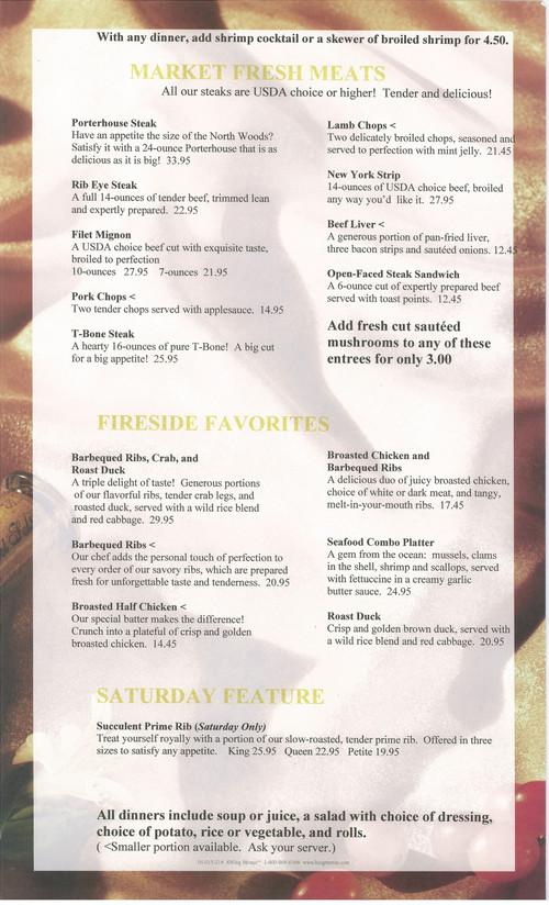 Fireside Supper Club menu in Rhinelander, Wisconsin, USA