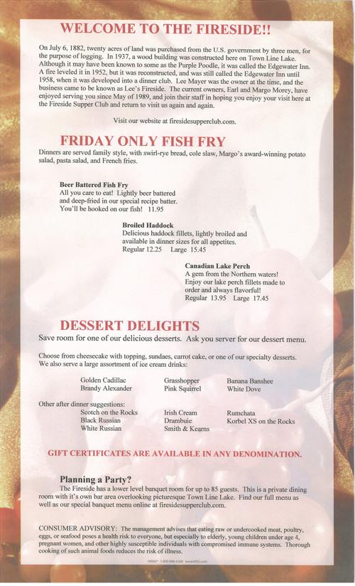 Fireside Supper Club menu in Rhinelander, Wisconsin, USA