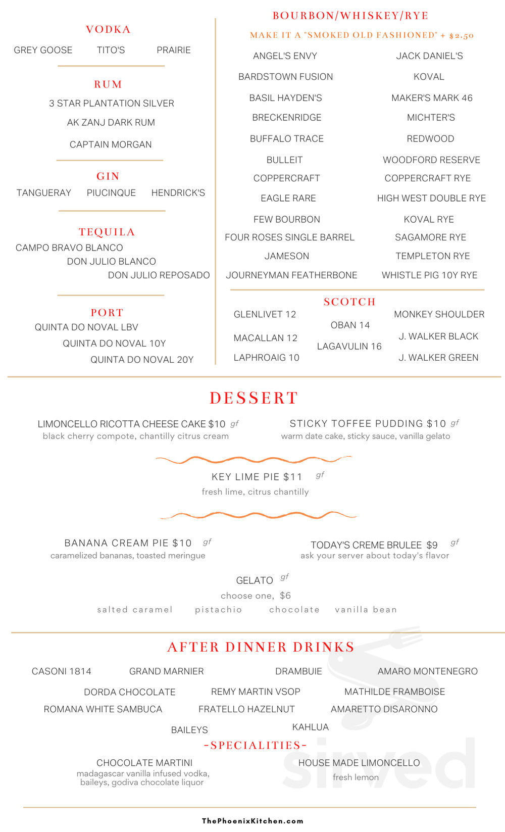 Menu for The Phoenix Kitchen & Cocktails in Homer Glen, IL | Sirved