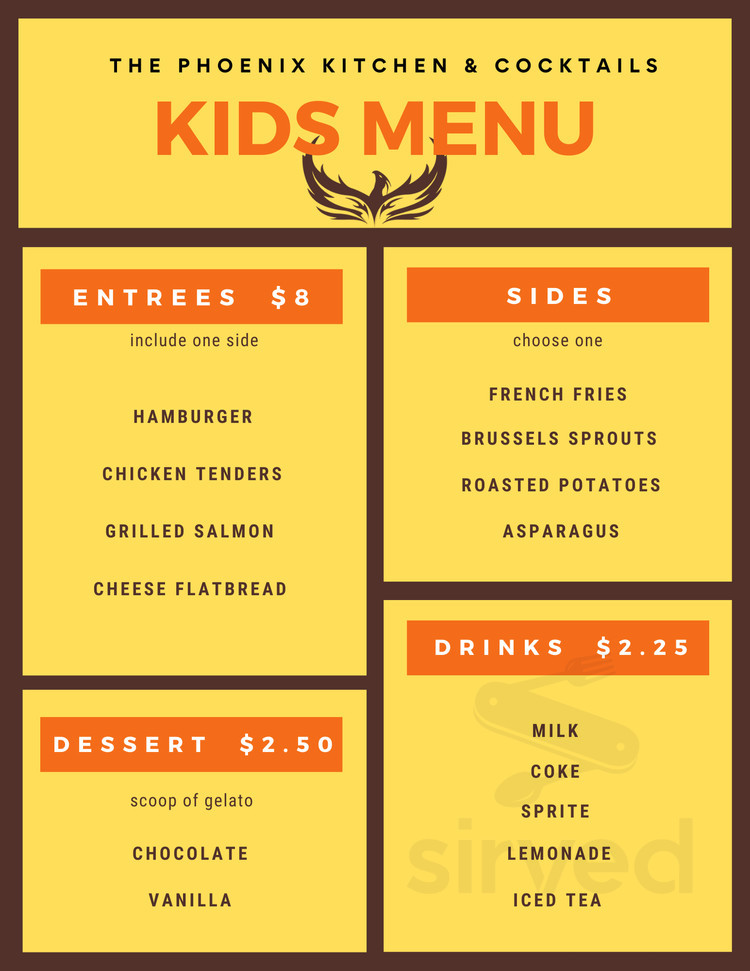 Menu for The Phoenix Kitchen & Cocktails in Homer Glen, IL | Sirved