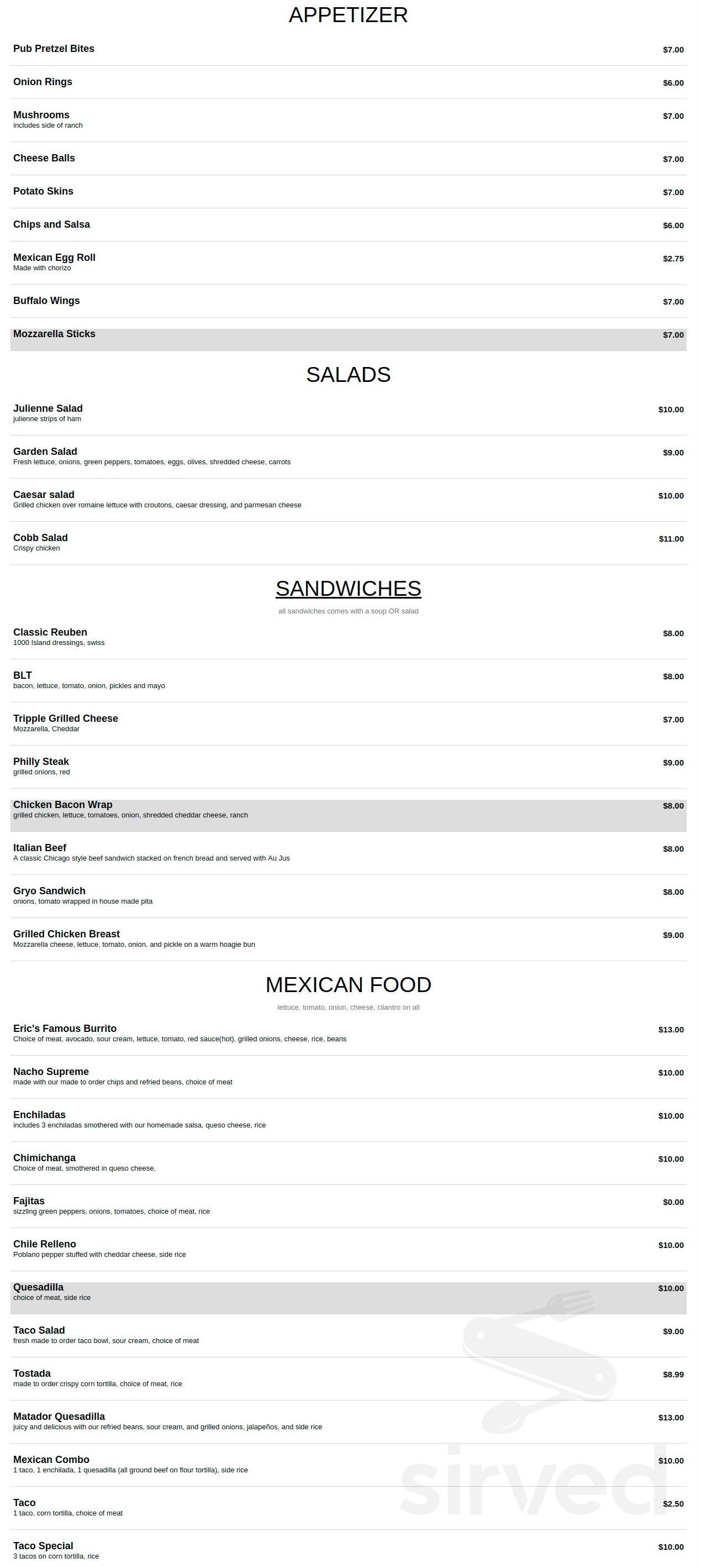 Menu - Bloomington IL's Eric’s Too Family Restaurant and Lounge | Sirved