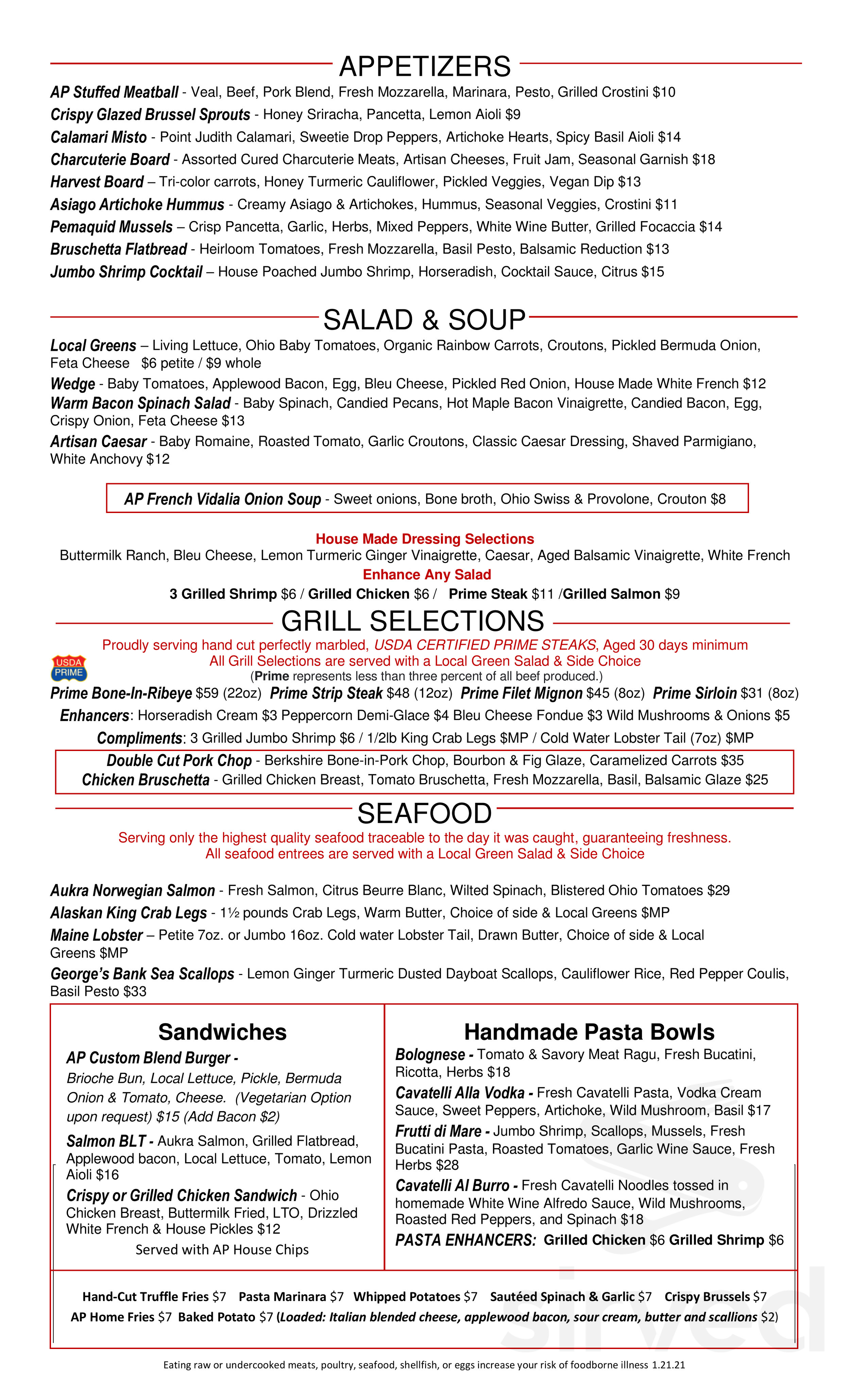Menu for Alexander Pierce Restaurant in Akron, OH | Sirved