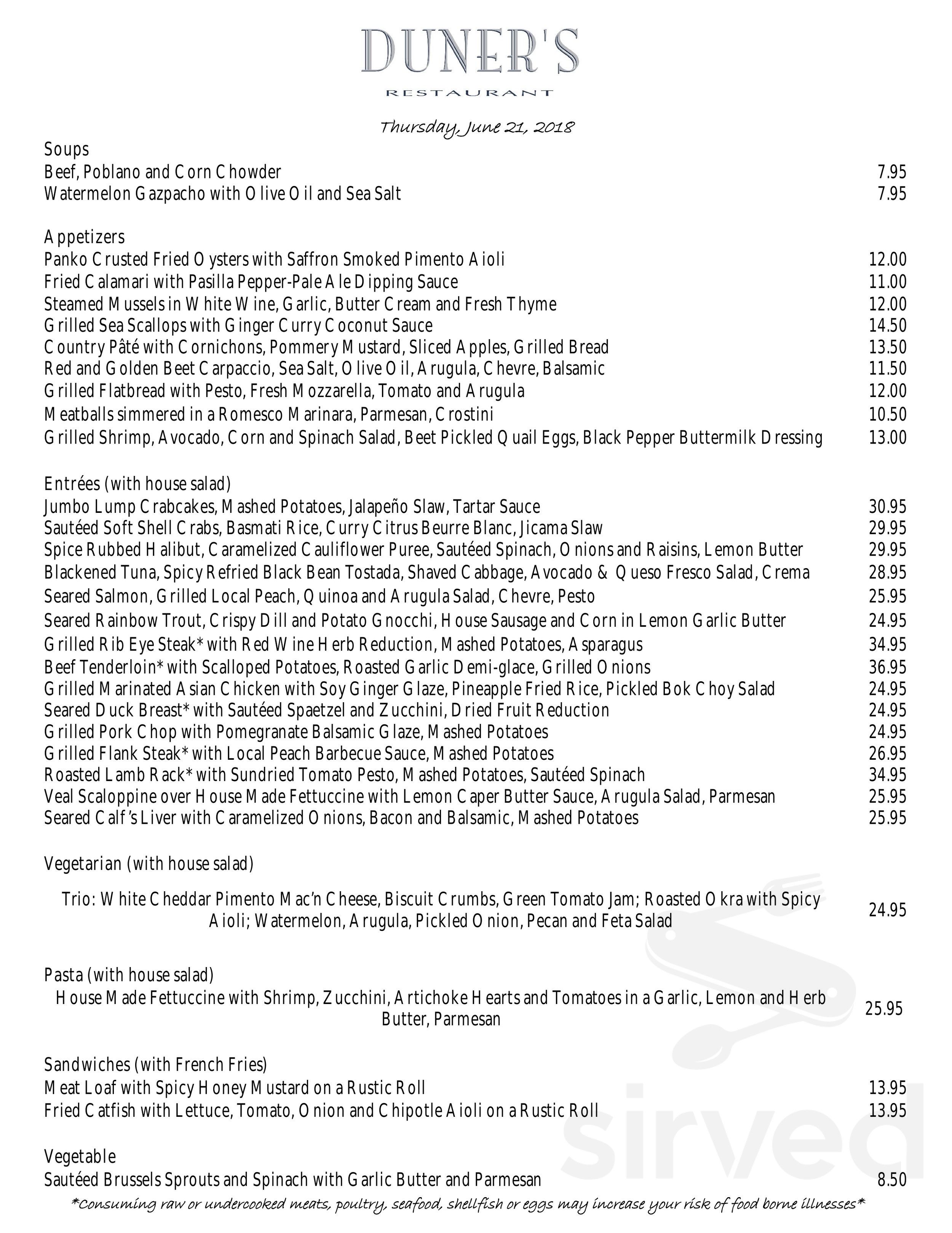 Duner's menu in Charlottesville, Virginia, USA