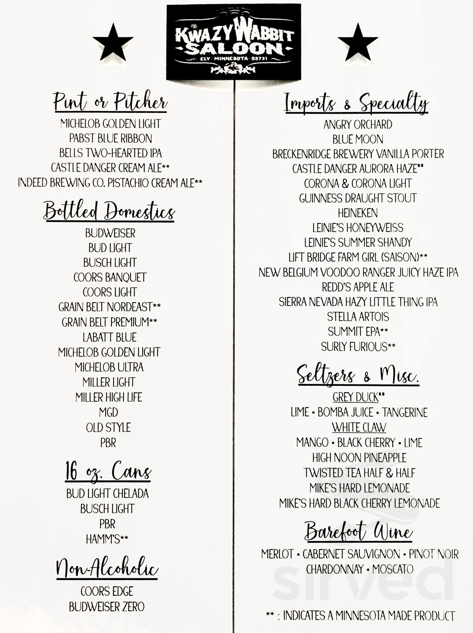 Kwazy Wabbit menus in Ely, Minnesota, United States