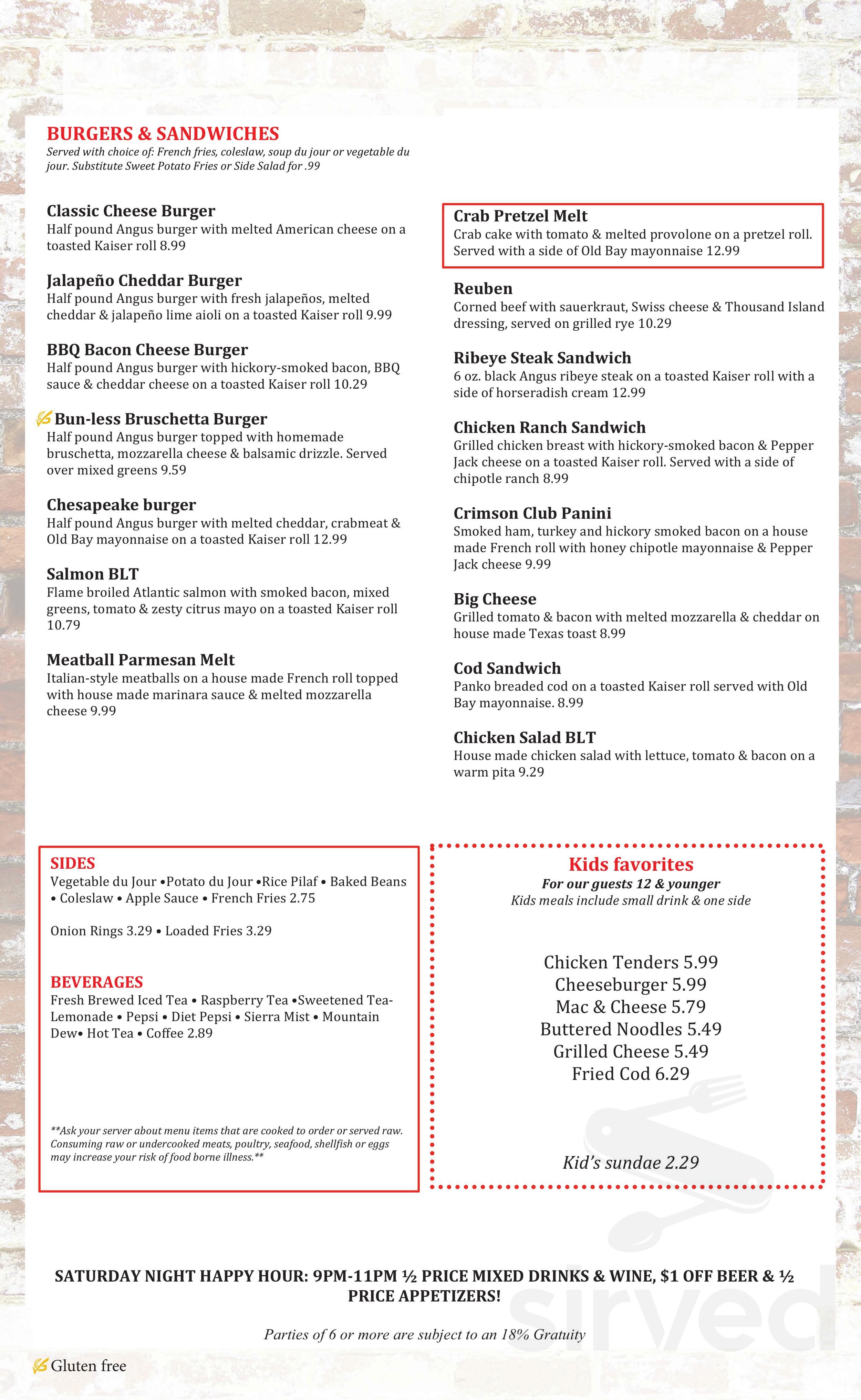 Crimson American Grill menu in York, Pennsylvania, USA
