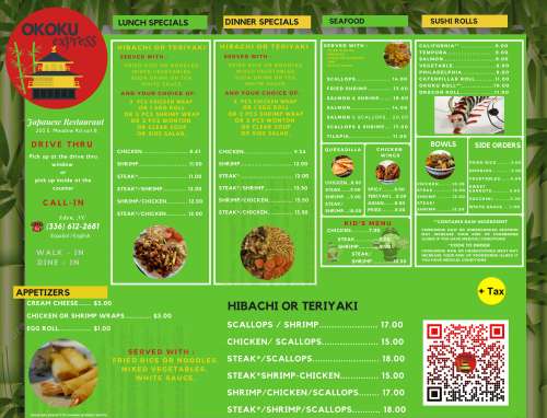 Okoku Express Japanese Restaurant menu in Eden, North Carolina, USA
