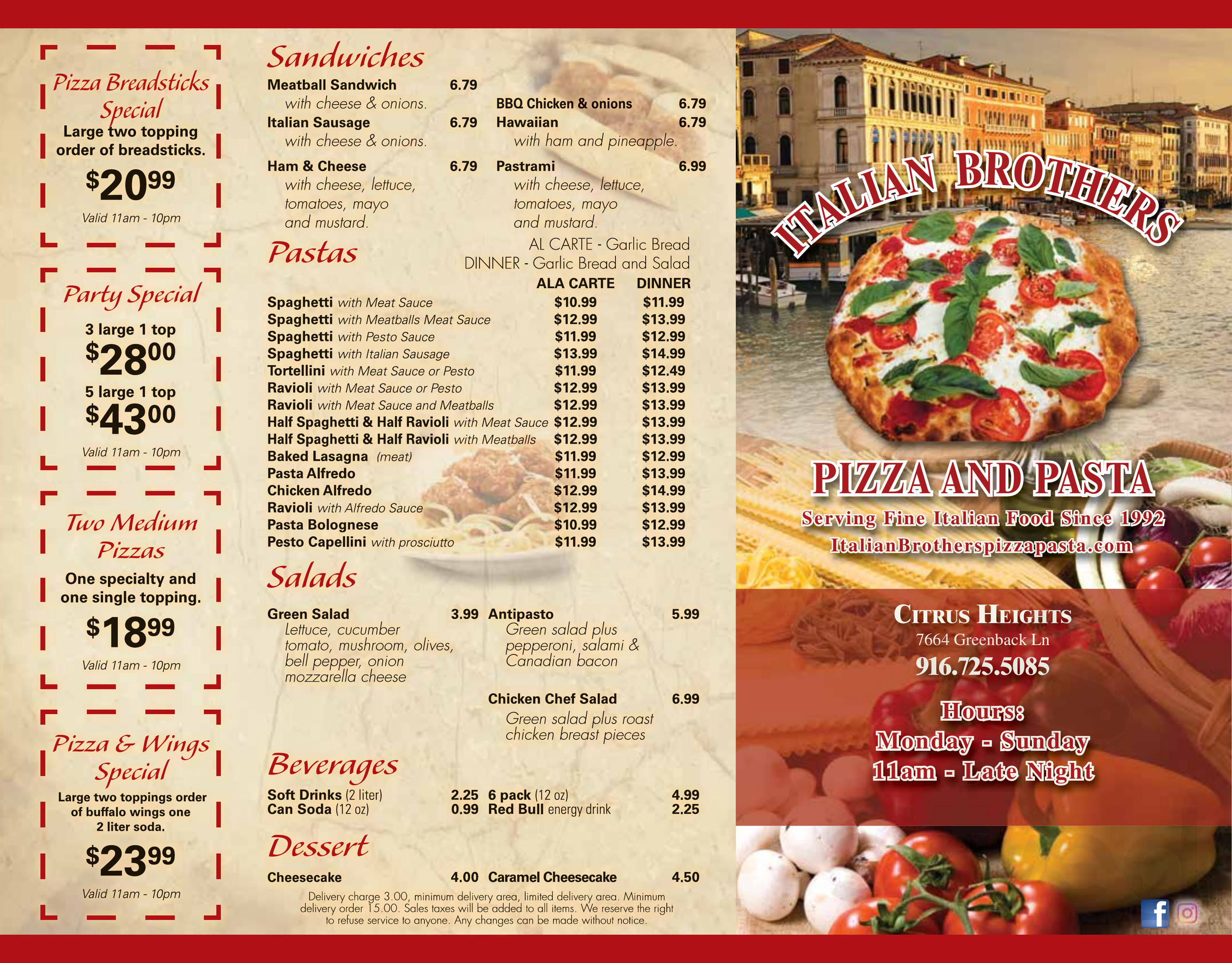 Italian Brothers Pizza & Pasta menu in Citrus Heights, California, USA