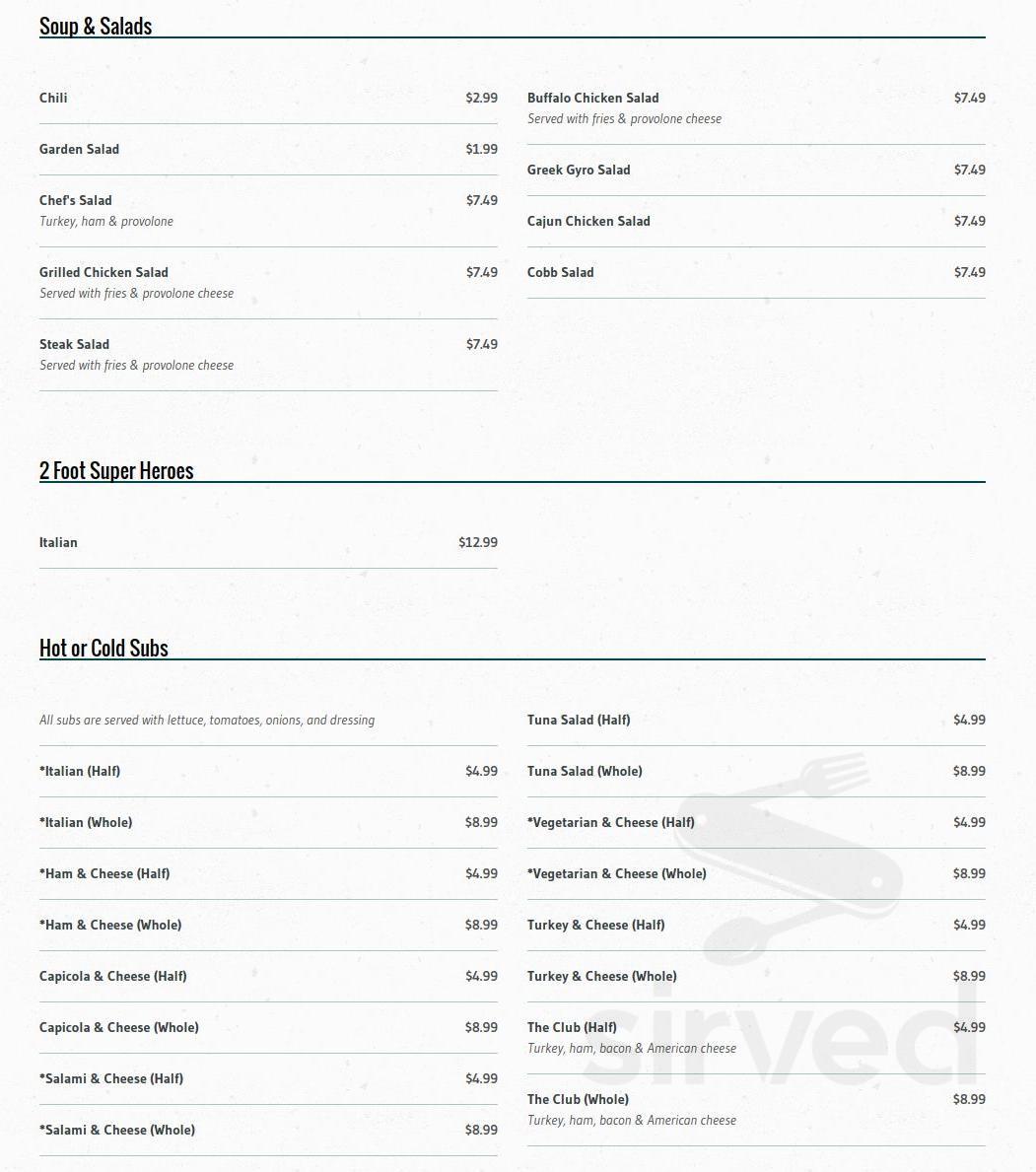 Suds & Subs menu in McKees Rocks, Pennsylvania, USA