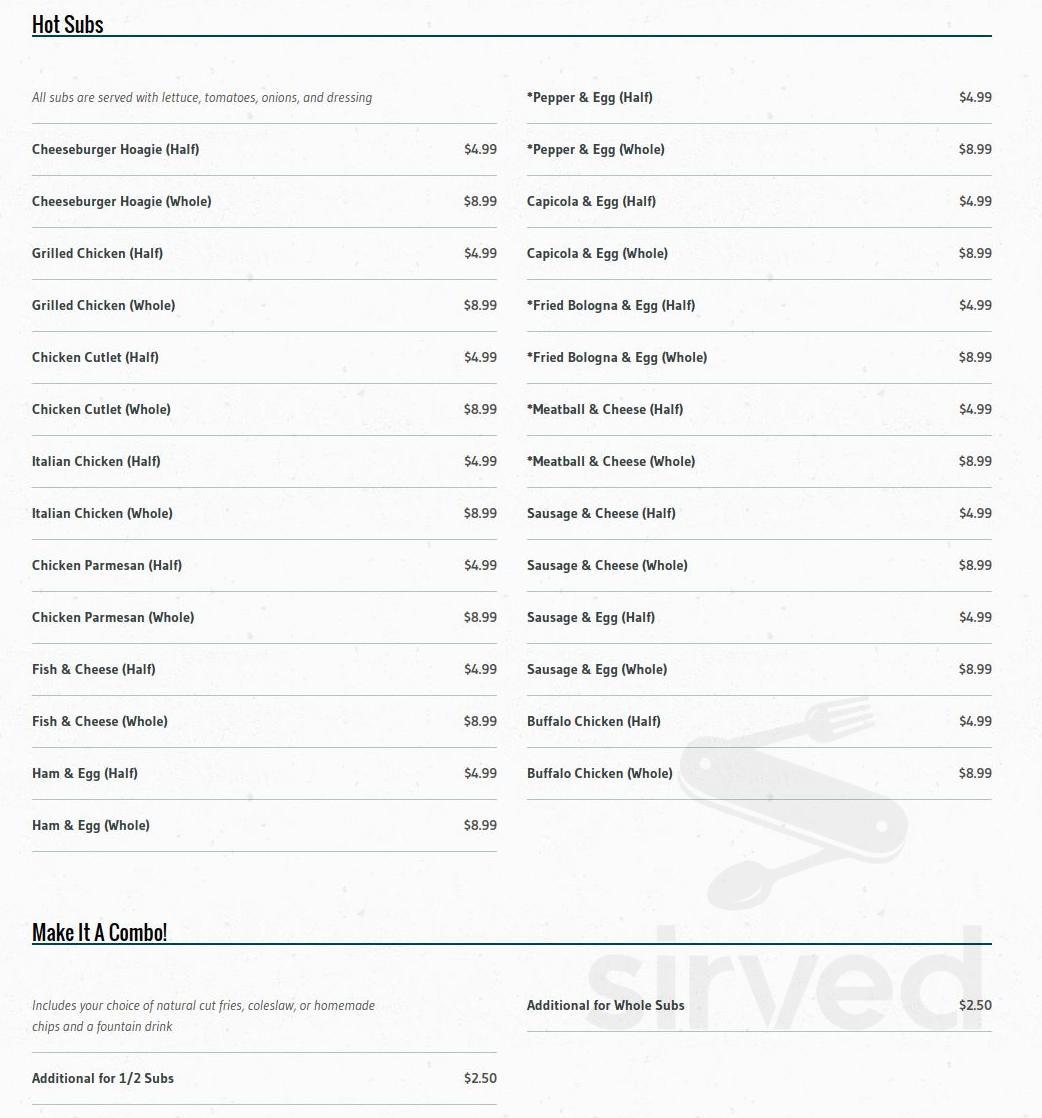 Suds & Subs menu in McKees Rocks, Pennsylvania, USA