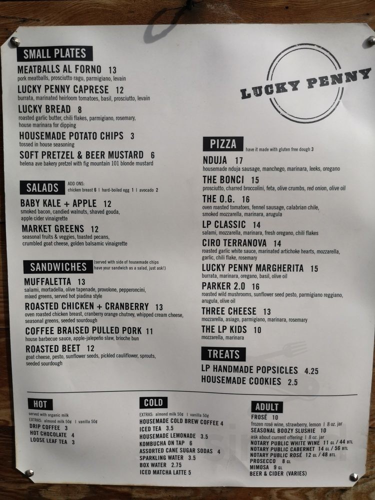 Lucky Penny menu in Santa Barbara, California, USA