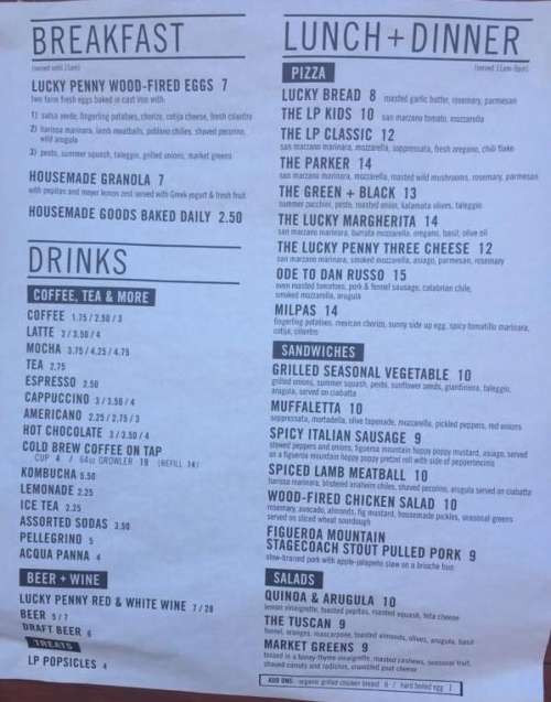 Lucky Penny menu in Santa Barbara, California, USA