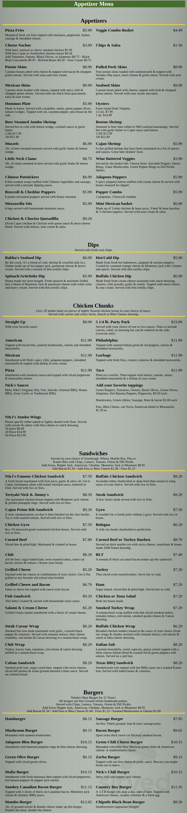 Menu - Toledo OH's Nick & Jimmy's Bar and Grill | Sirved