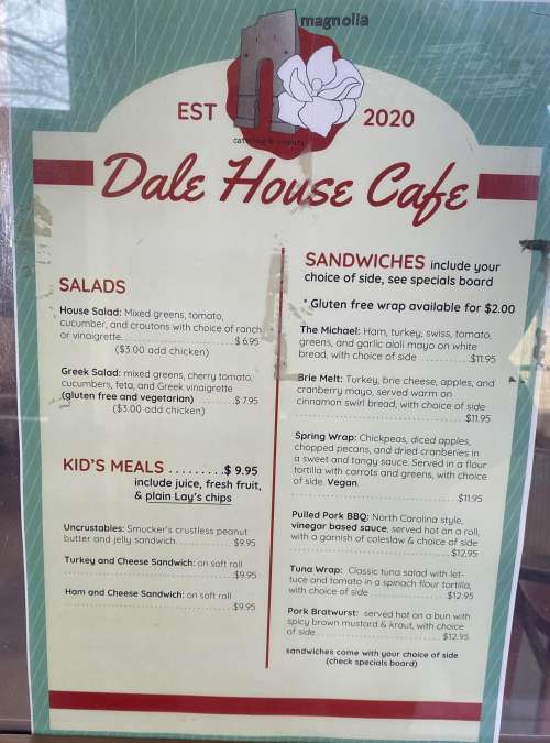 Dale House Cafe menu in Williamsburg, Virginia, USA