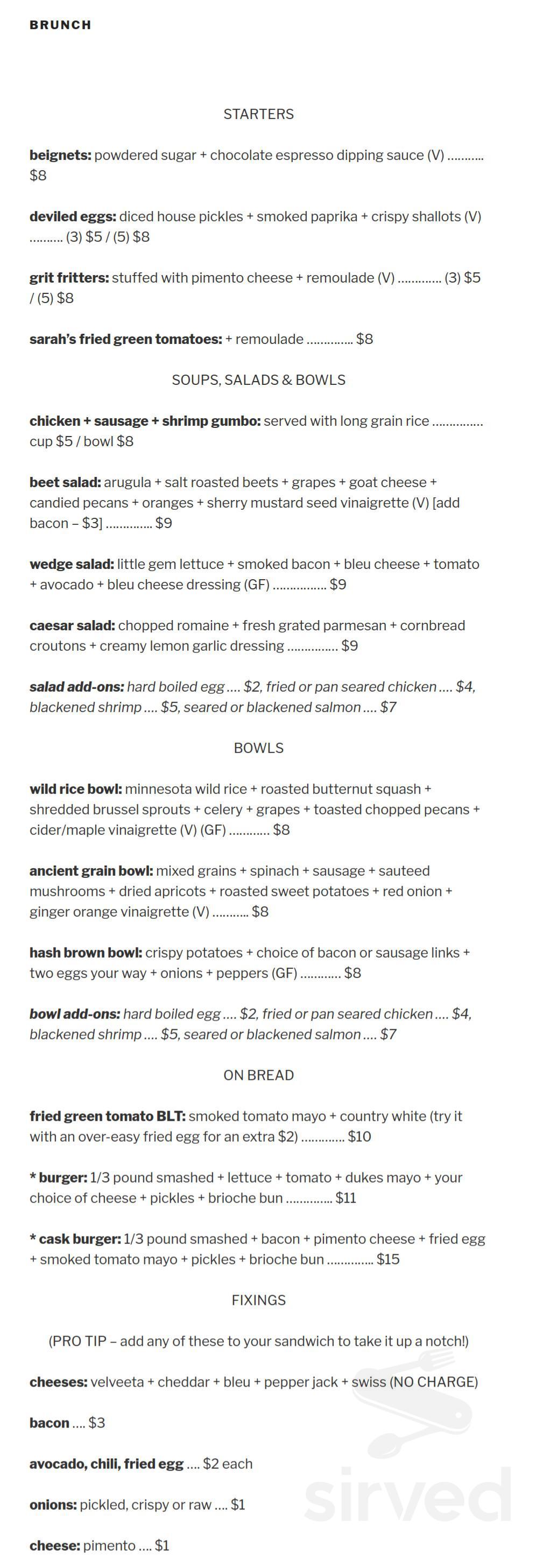 Menu for CASK Southern Kitchen & Bar in Louisville, KY | Sirved