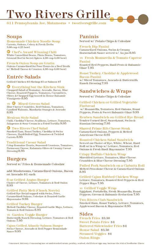 Two Rivers Grille menu in Matamoras, Pennsylvania, USA