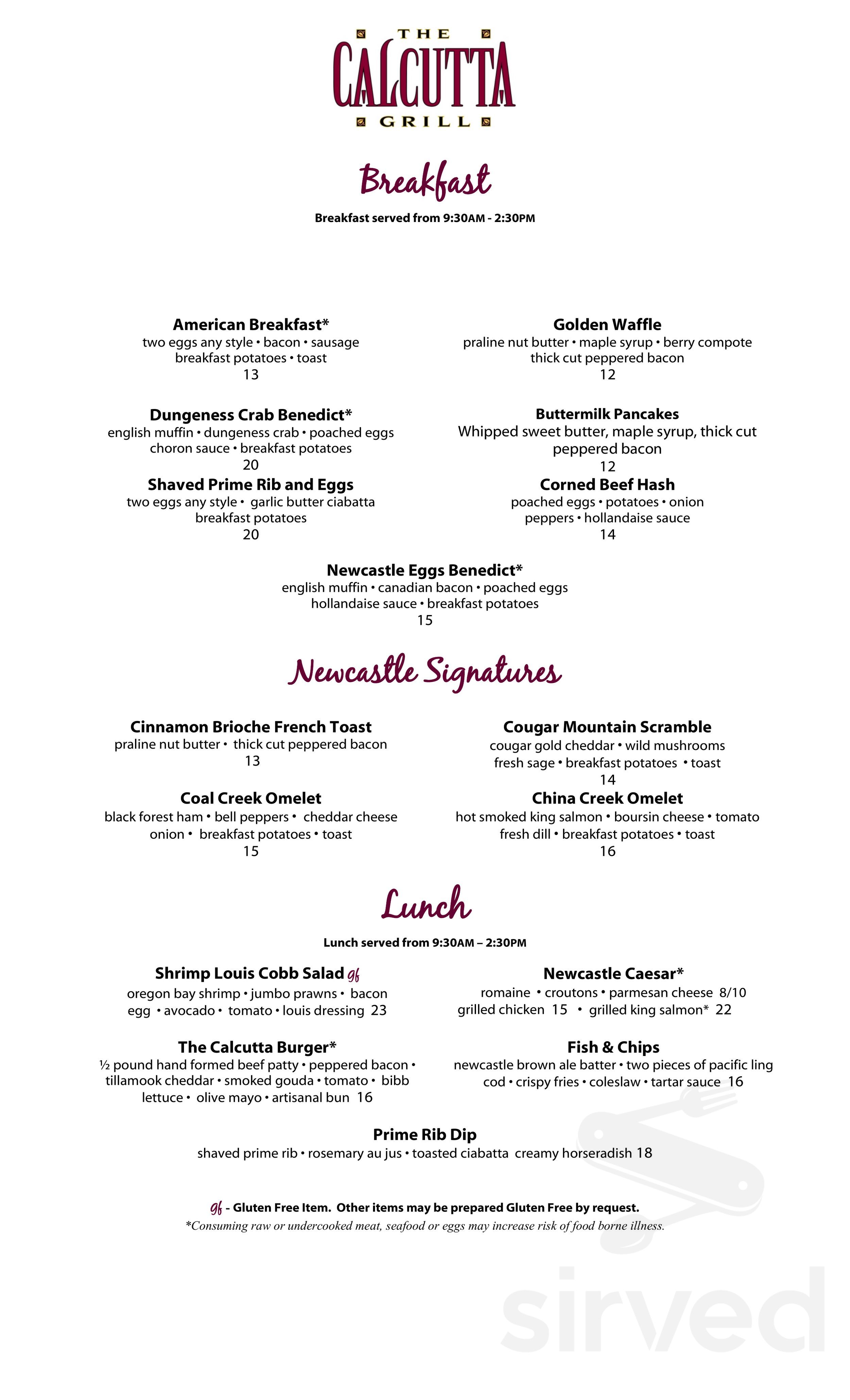 The Calcutta Grill menu in Newcastle, Washington, USA