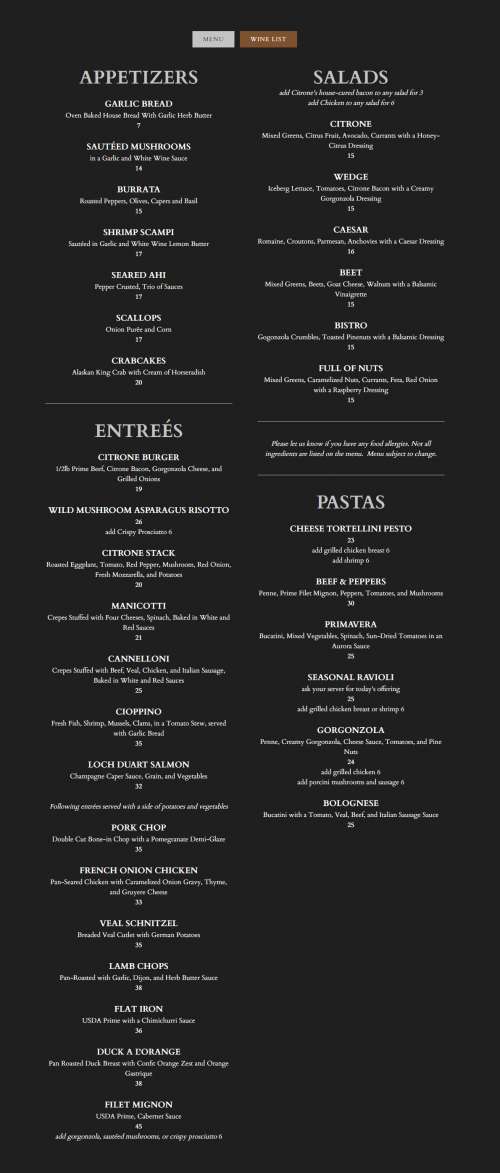 Citrone menu in Redlands, California, USA