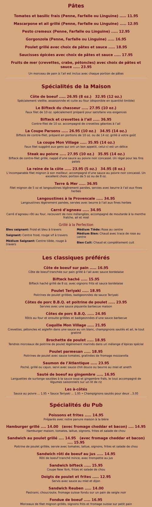 Mon Village Restaurant menu in Saint-Lazare, Quebec, Canada