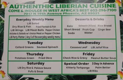 Authentic Liberian Cuisine menu in Phoenix, Arizona, USA
