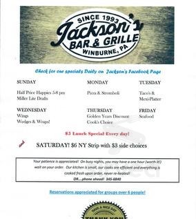 Menu for Jackson's Bar & Grille in Winburne, PA | Sirved