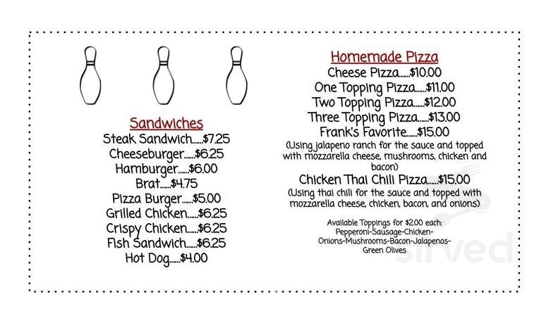 Parkway Bowling Lanes menu in Fond du Lac, Wisconsin, USA