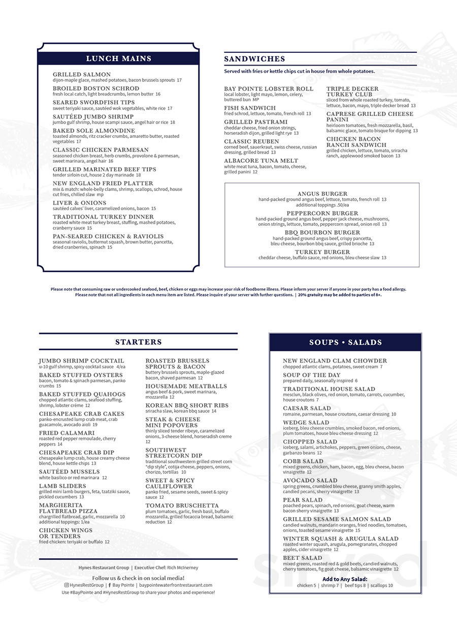 Menu for Bay Pointe Waterfront Restaurant in Quincy, MA | Sirved