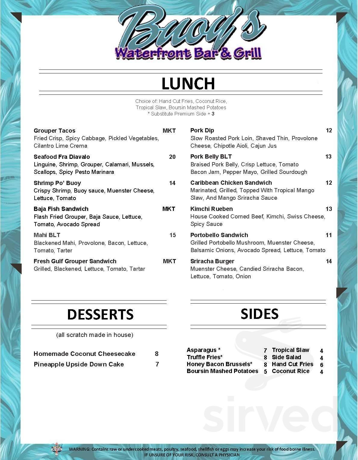 Menu for Buoys Waterfront Bar and Grill in St Pete Beach, FL | Sirved