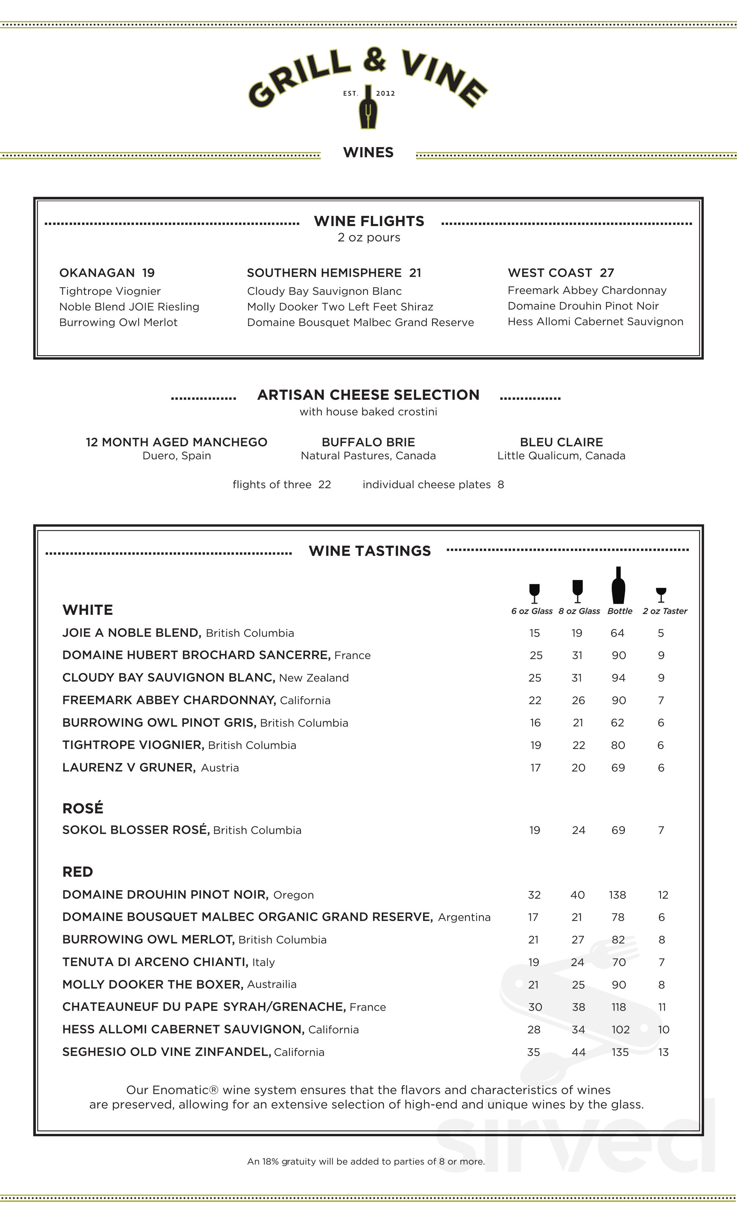 Grill & Vine Whistler menu in Whistler, British Columbia, Canada