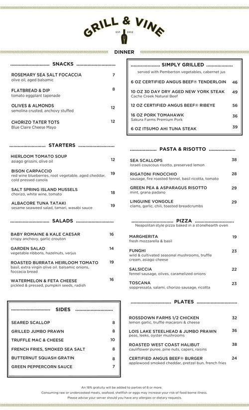 Grill & Vine Whistler menu in Whistler, British Columbia, Canada
