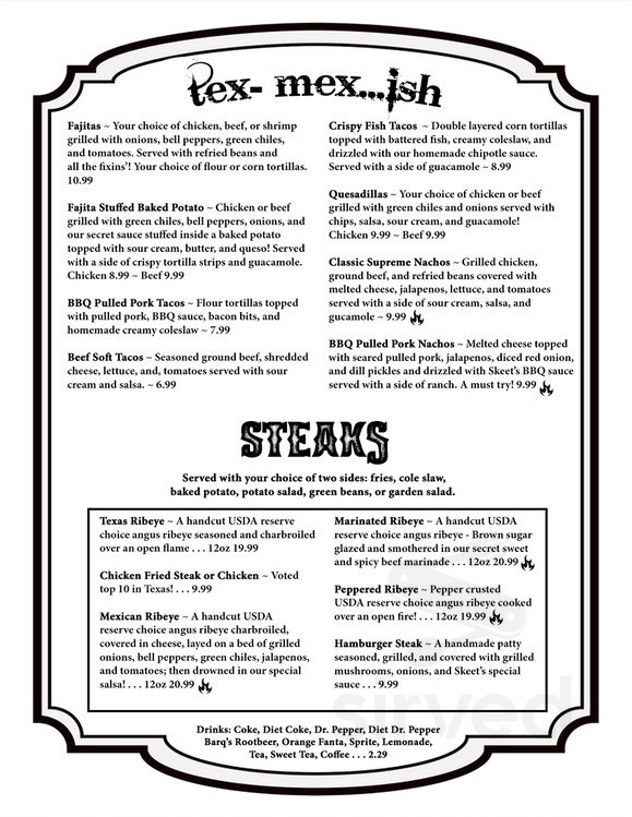 Menu for Skeet’s Texas Grill - Sweetwater, TX | Sirved