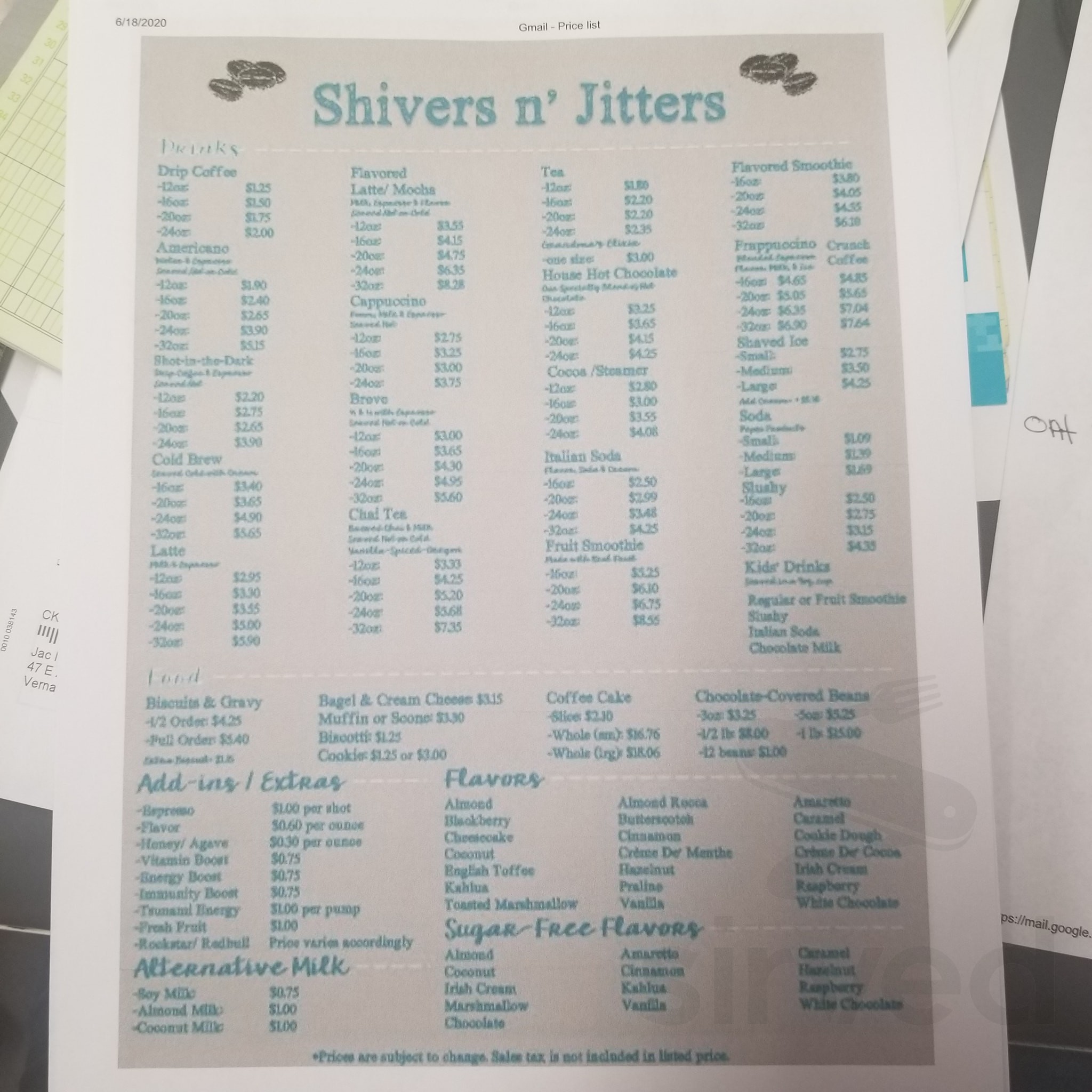 Shivers n Jitters Espresso menu in Vernal, Utah, USA