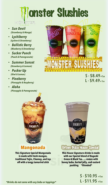 Urban Boba Tea House menu in Phoenix, Arizona, USA