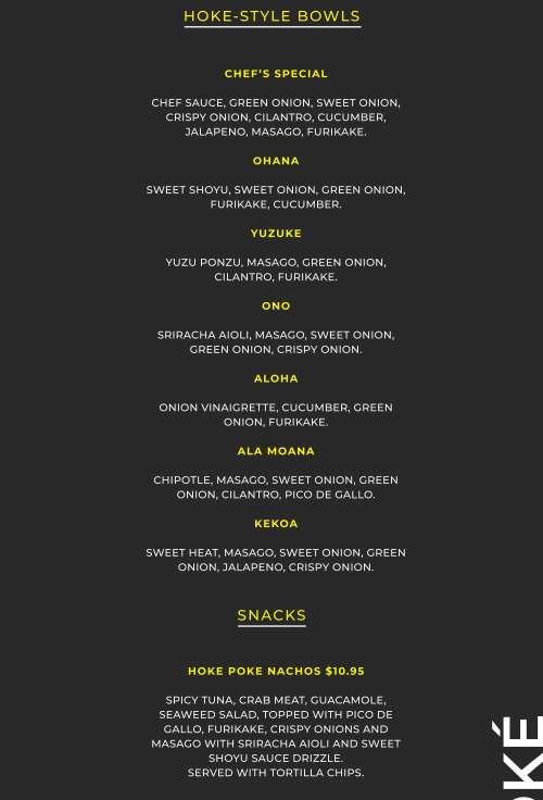 Hoke Poke & Tea Bar menu in Richmond, British Columbia, Canada