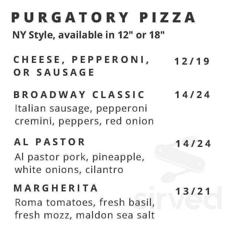 Purgatory Pizza at Broadway Market menu in Denver, Colorado, USA