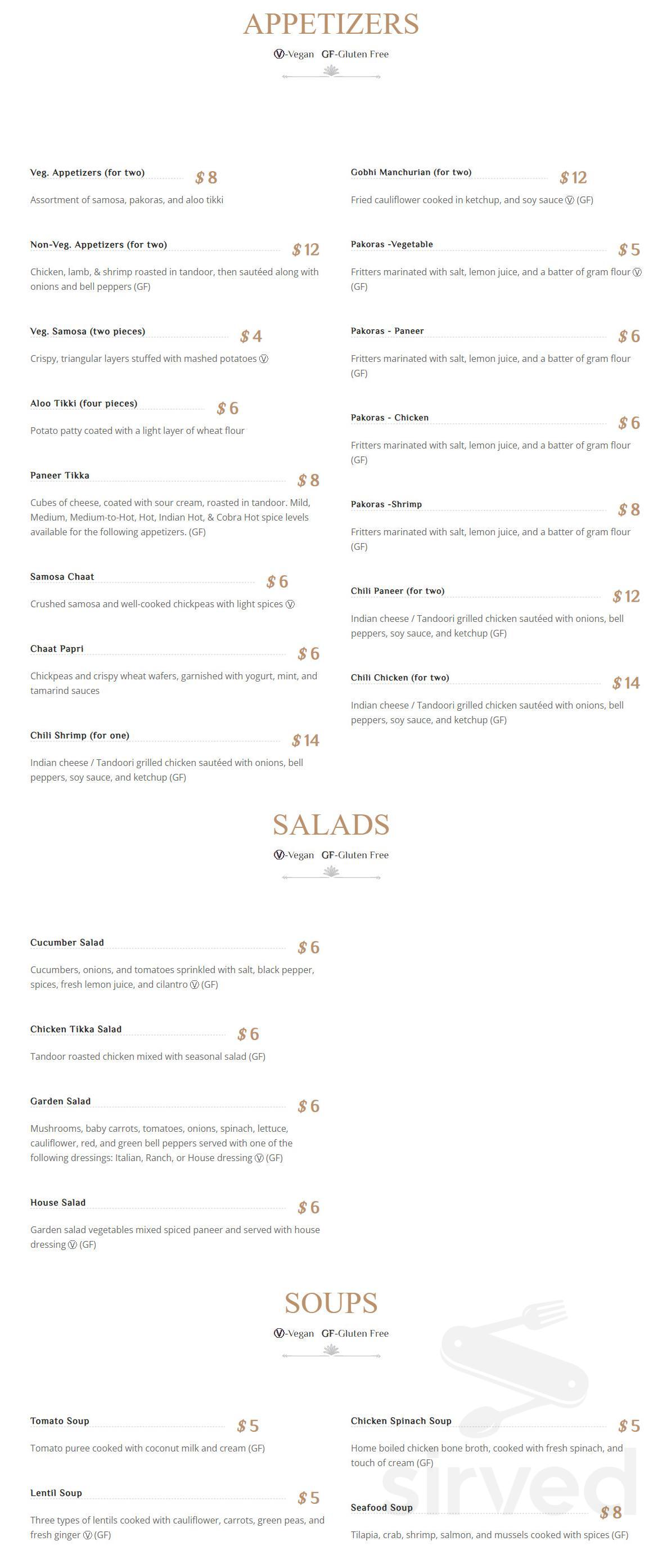 Tulsi Indian Cuisine menu in Richmond, Virginia, USA