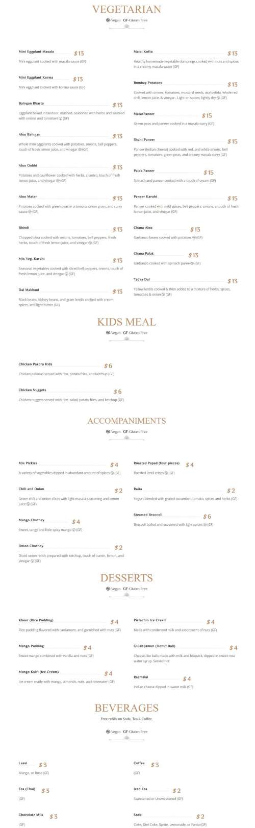 Tulsi Indian Cuisine menu in Richmond, Virginia, USA