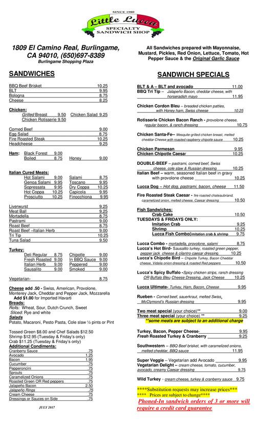 Little Lucca menu in South San Francisco, California, USA