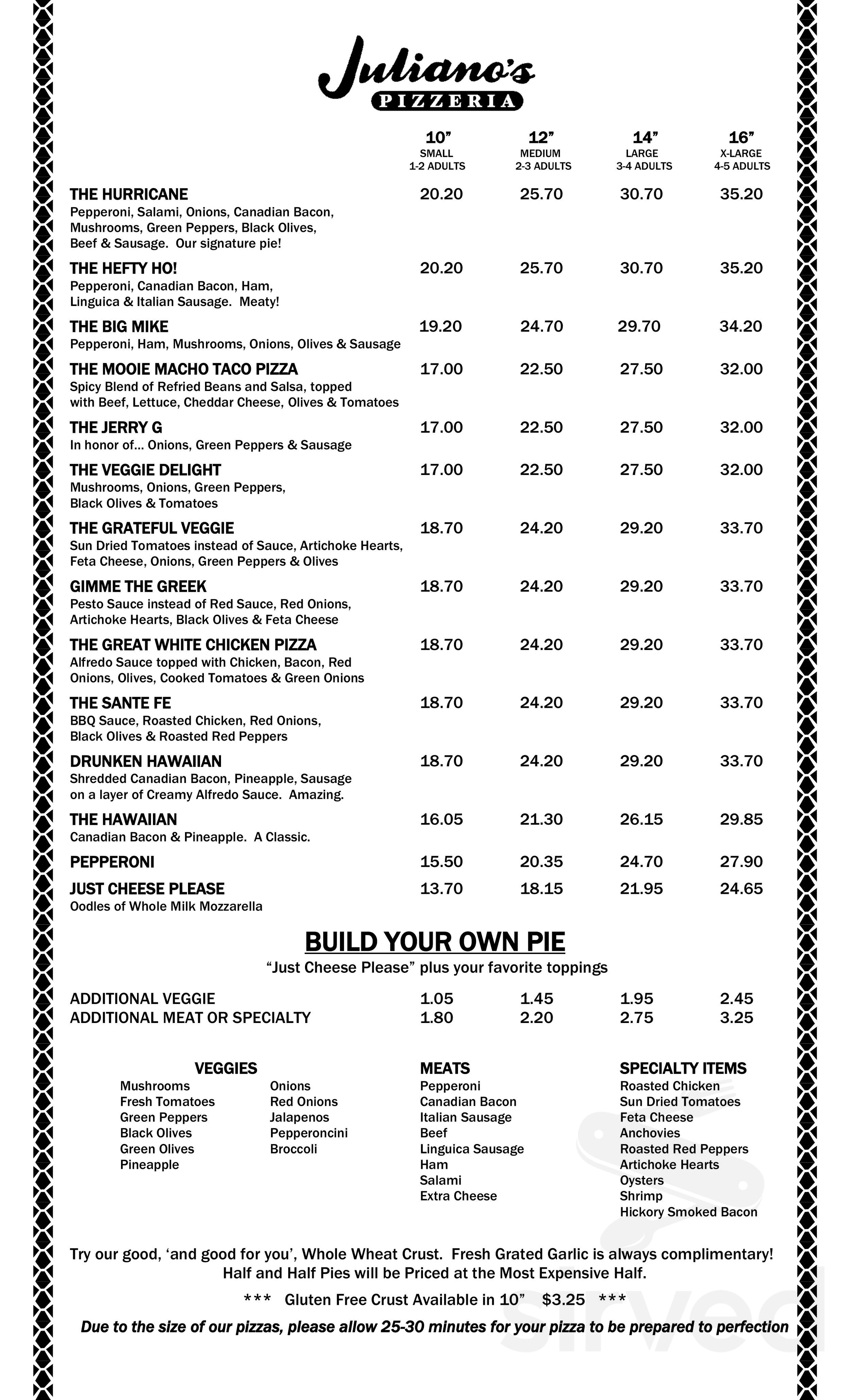 Juliano's Pizzeria menu in Vancouver, Washington, USA