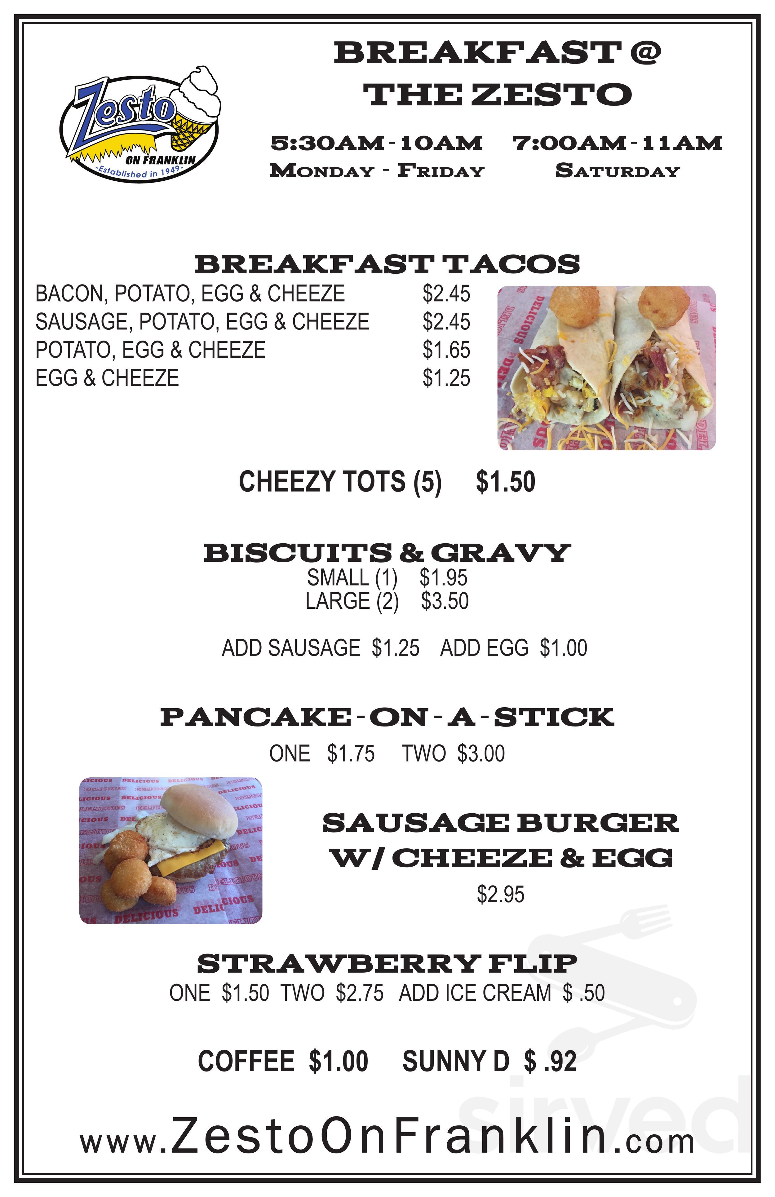 Zesto menu in Evansville, Indiana, USA