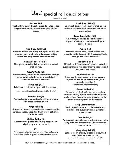 Umi Japanese Restaurant menu in Springfield, Missouri, USA