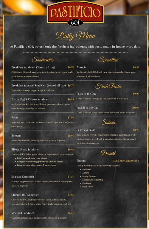 Santisi Imports/Pastificio 601 menu in Easton, Pennsylvania, USA