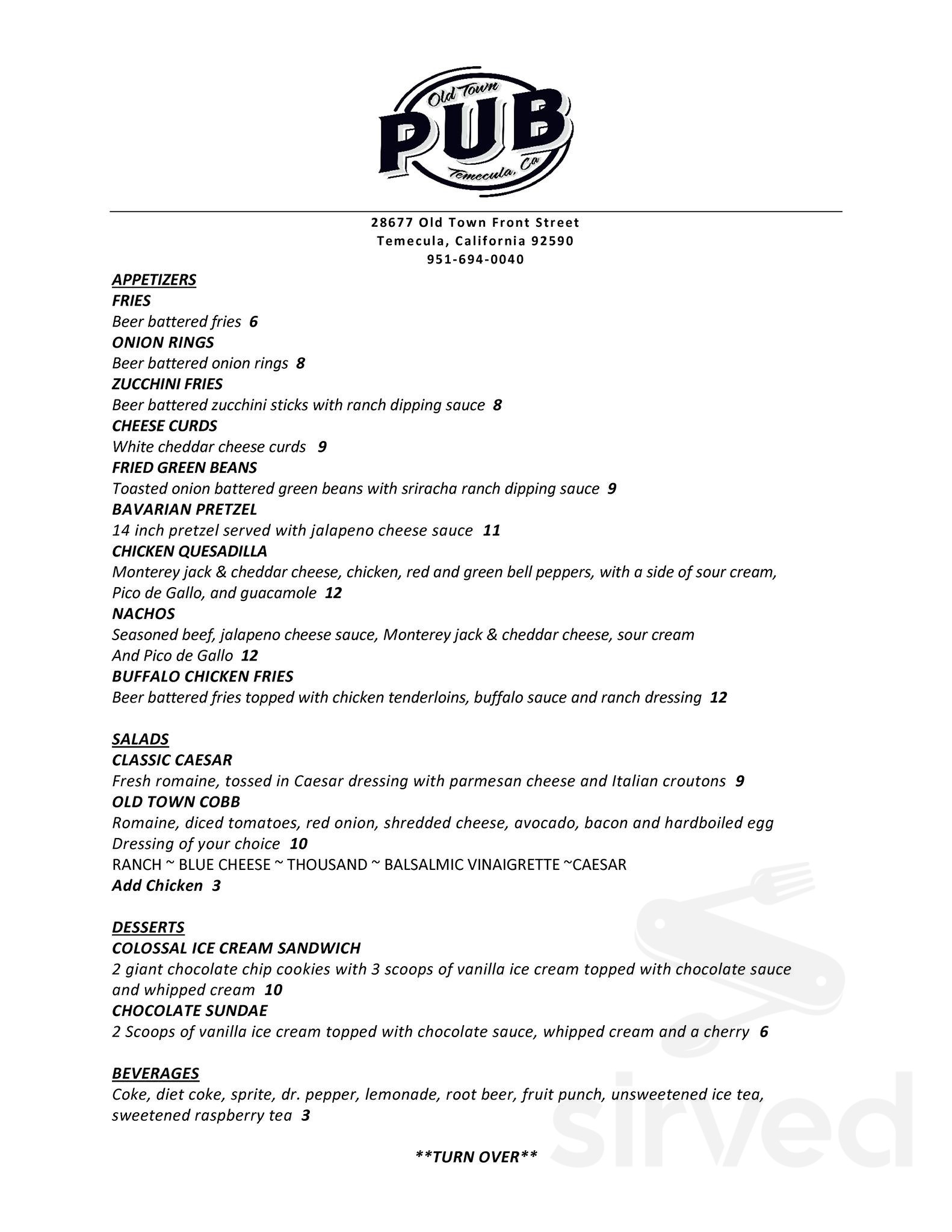 Menu - Temecula CA's Old Town Pub & Grub | Sirved