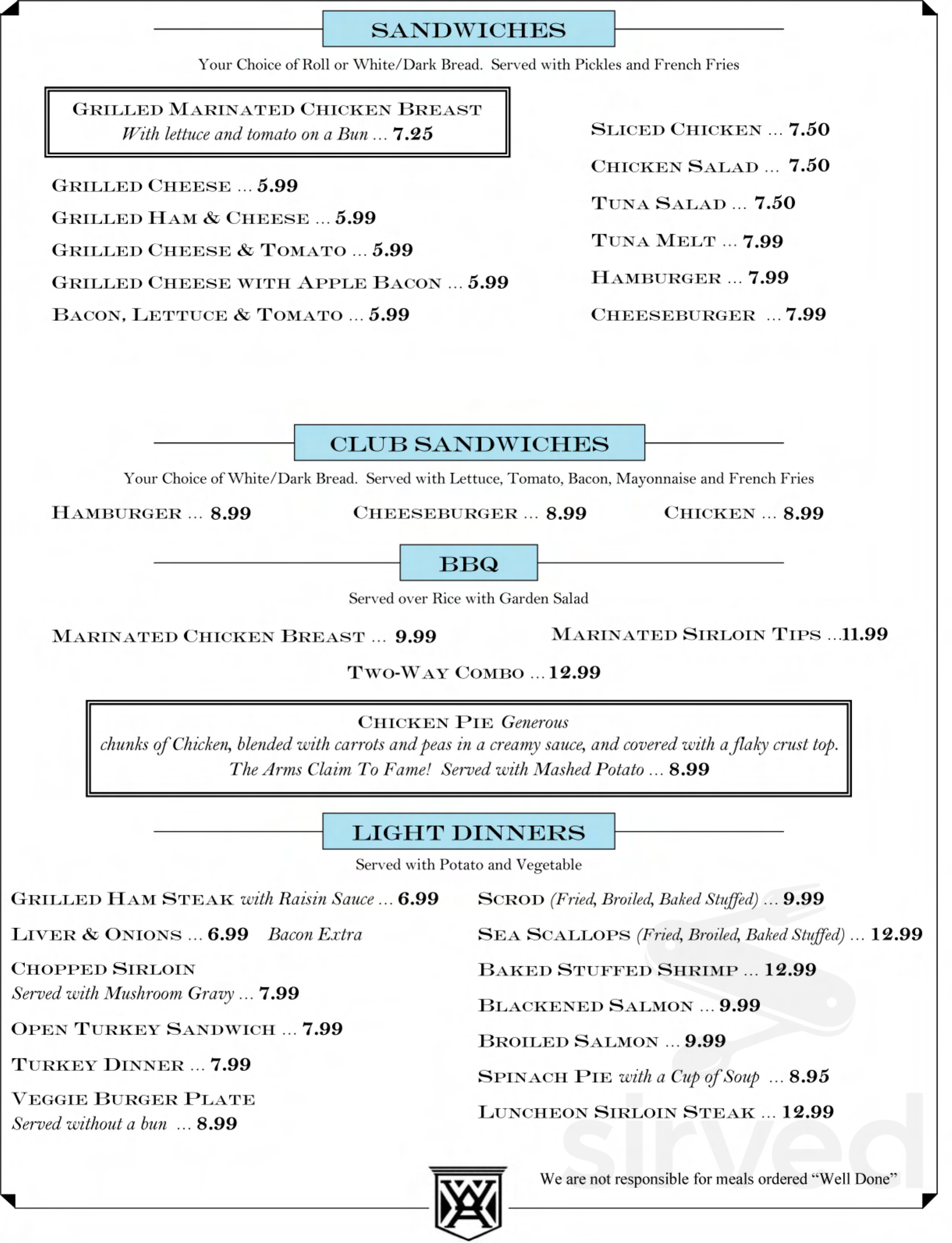 Menu for Winthrop Arms Hotel & Restaurant in Winthrop, MA | Sirved