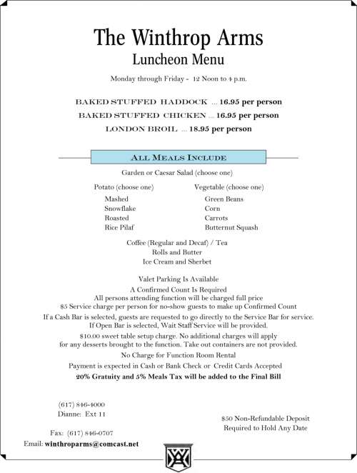 Winthrop Arms Hotel & Restaurant menu in Winthrop, Massachusetts, USA