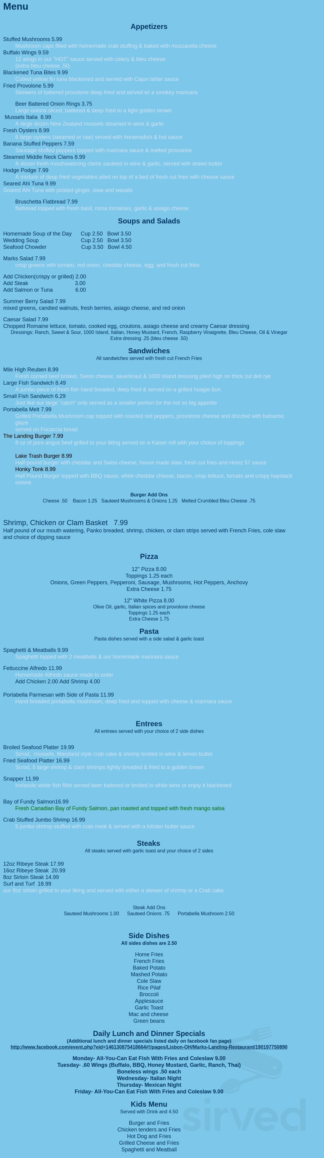 Marks Landing menus in Lisbon, Ohio, United States Marks Landing menus in Lisbon, Ohio, United States