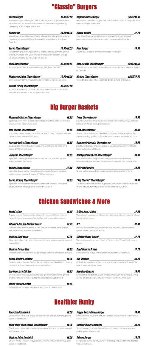 Hunky's menu in Dallas, Texas, USA